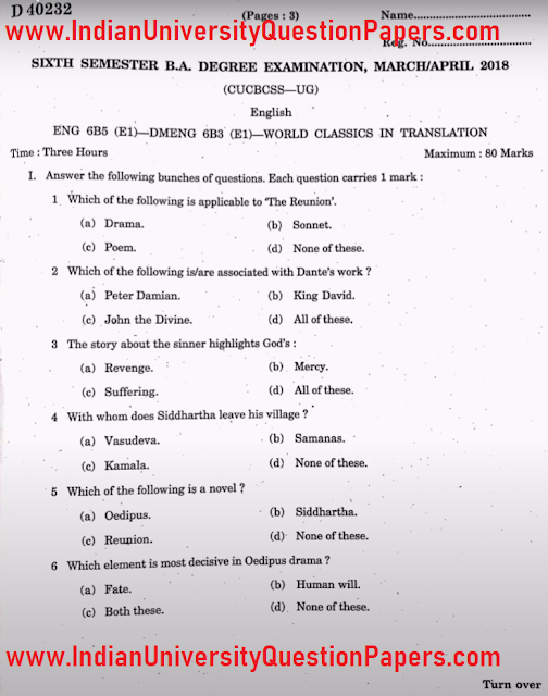 University of Calicut B.A / B.Sc 6th Sem English World Classics in ...