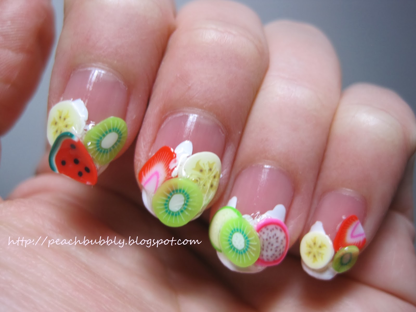 peachbubbly: Fimo Fruit Slices on Yogurt Nail Art