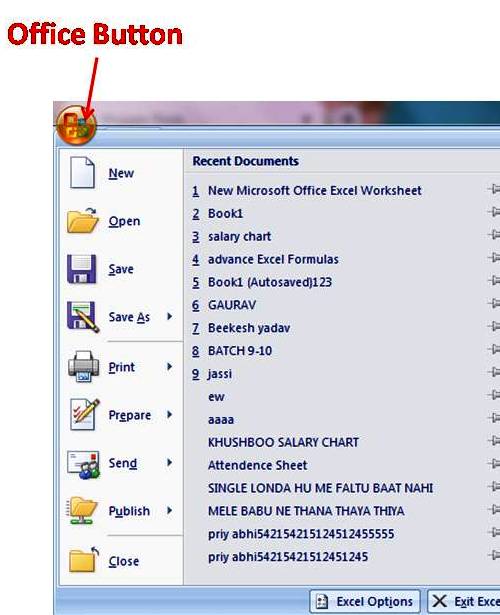Office Button in MS Excel 2007 in Hindi and English | जाने एम एस एक्सेल ...