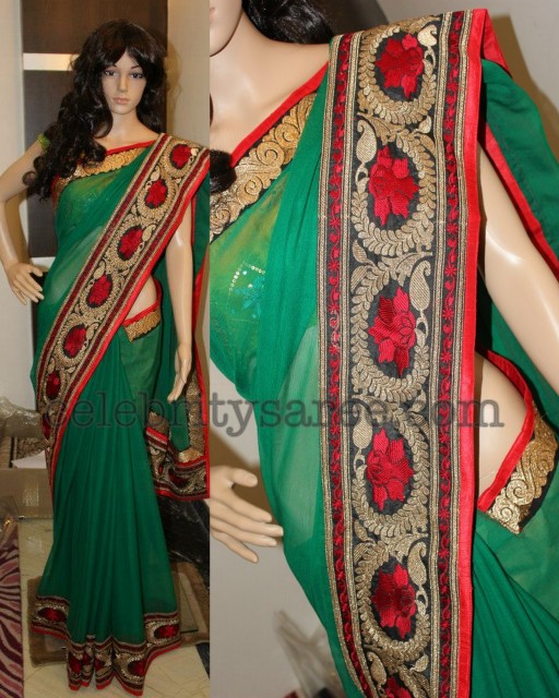 Green Georgette Thread Work Sari - Saree Blouse Patterns