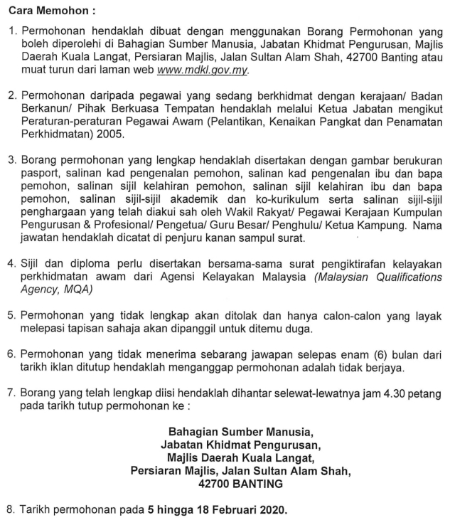 Jawatan Kosong Majlis Daerah Kuala Langat (MDKL) Februari 2020