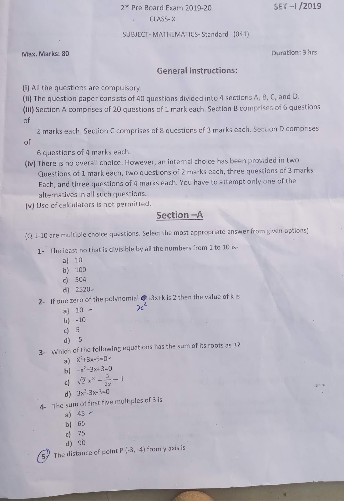 Class 10 Math Standard Pre Board 2 Question Paper 2019 20 Download Pdf class-10-math-standard-pre-board-2-question-paper-2019-20-download-pdf