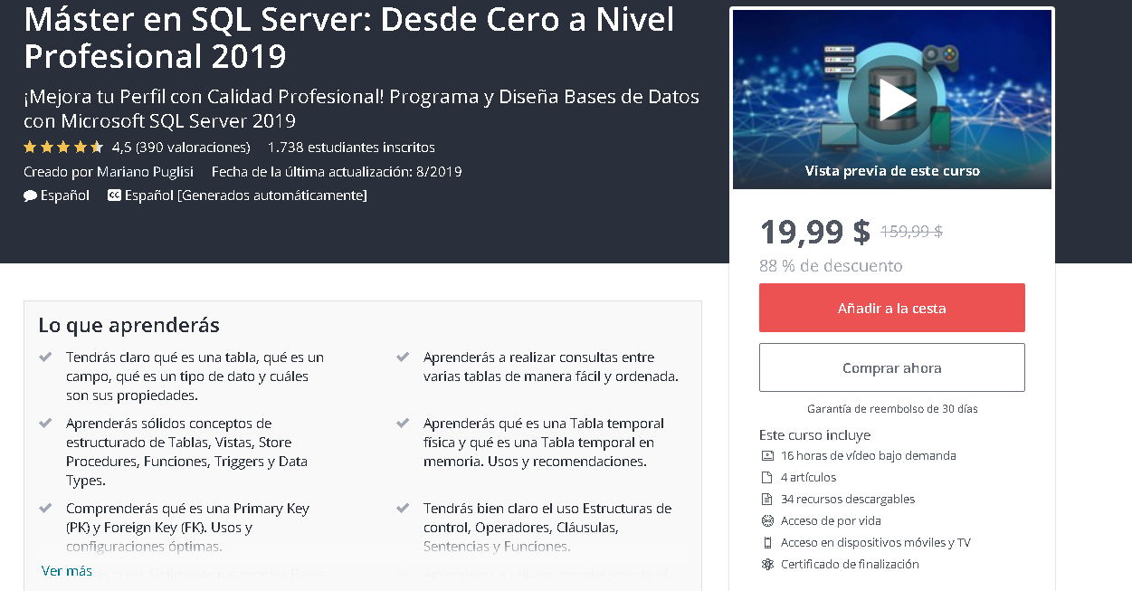 Máster en SQL Server Desde Cero a Nivel Profesional 2019 | Sovos