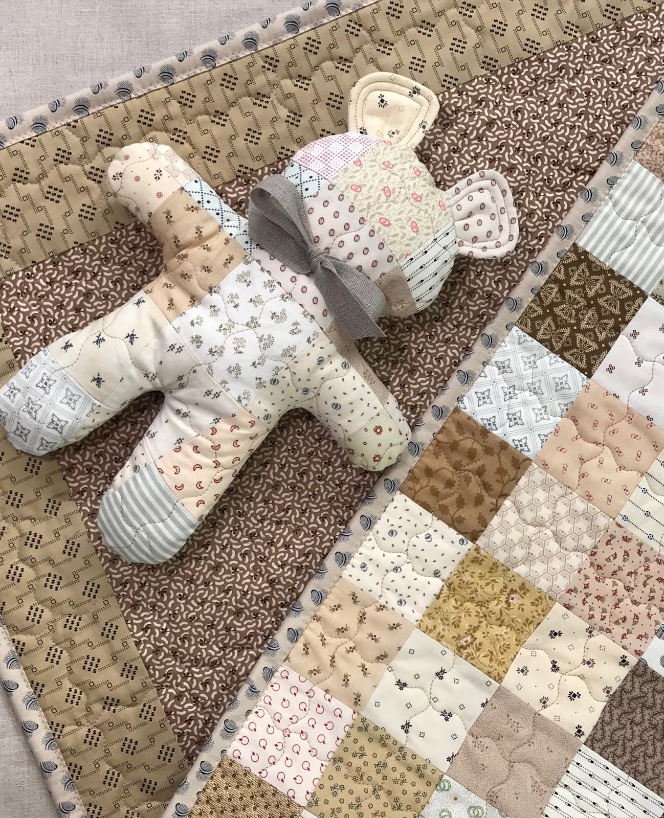 Patchwork Gender Neutral Baby Quilt and Teddy Bear Set