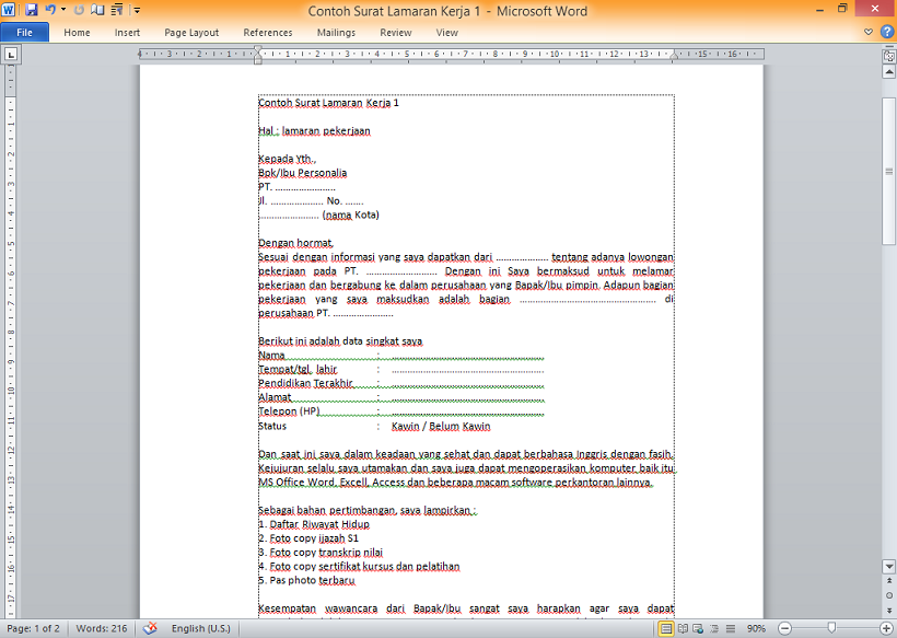 Contoh Surat Lamaran Kerja File Microsoft word - Explore