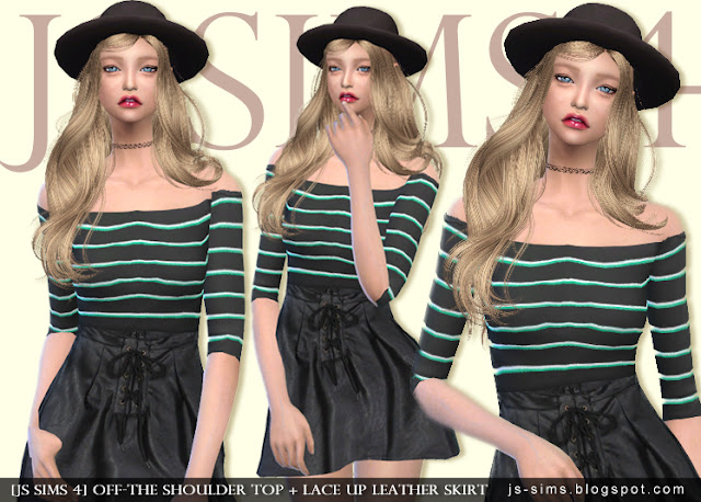 [JS SIMS 4] Off-The Shoulder Top + Lace Up Leather Skirt