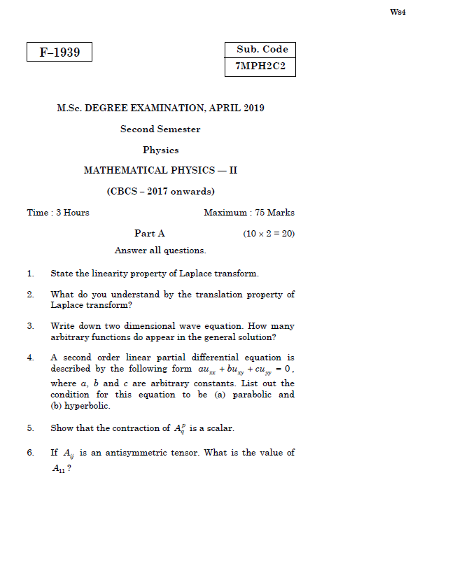 Alagappa University M.Sc. Physics MATHEMATICAL PHYSICS — II APRIL 2019 ...
