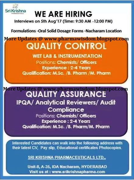 Sri Krishna Pharmaceuticals Ltd - Walk-In Interview for Quality Control & Quality Assurance on ...