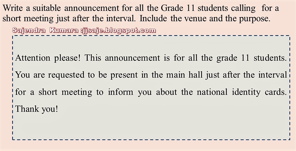 English Model Activities O/ L : NOTICES , PERSONAL NOTES AND ANNOUNCEMENTS