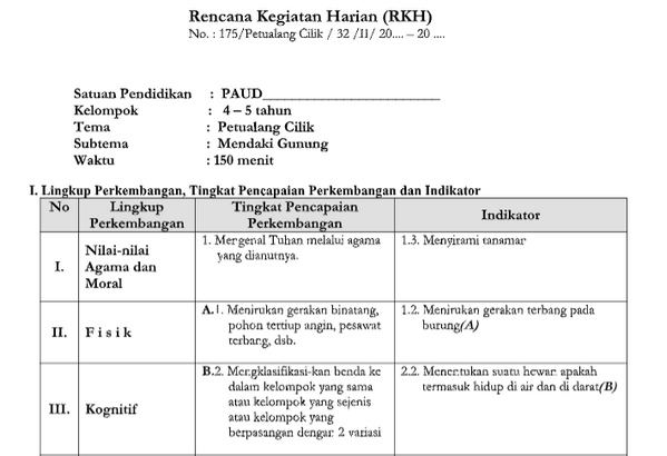 RKH Tema Petualang Cilik Sub Tema Mendaki Gunung - Administrasi PAUD