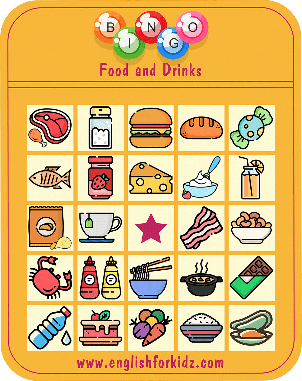 English for Kids Step by Step: Food & Drinks Bingo Game