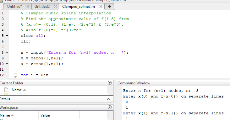 Clamped Cubic Spline Interpolation - MATLAB Programming