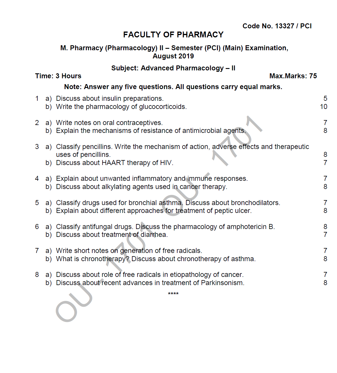 Osmania University M. Pharmacy (Pharmacology) II-Semester (PCI) (Main ...
