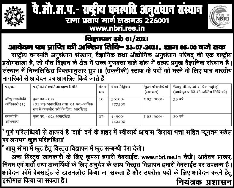 CSIR nbri lucknow recruitment 2021 Notification Application Form ...