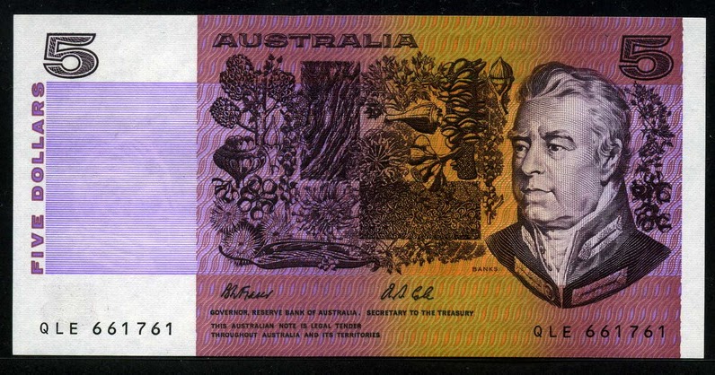 Australian Banknotes 5 Australian Dollars banknote 1991, Joseph Banks ...