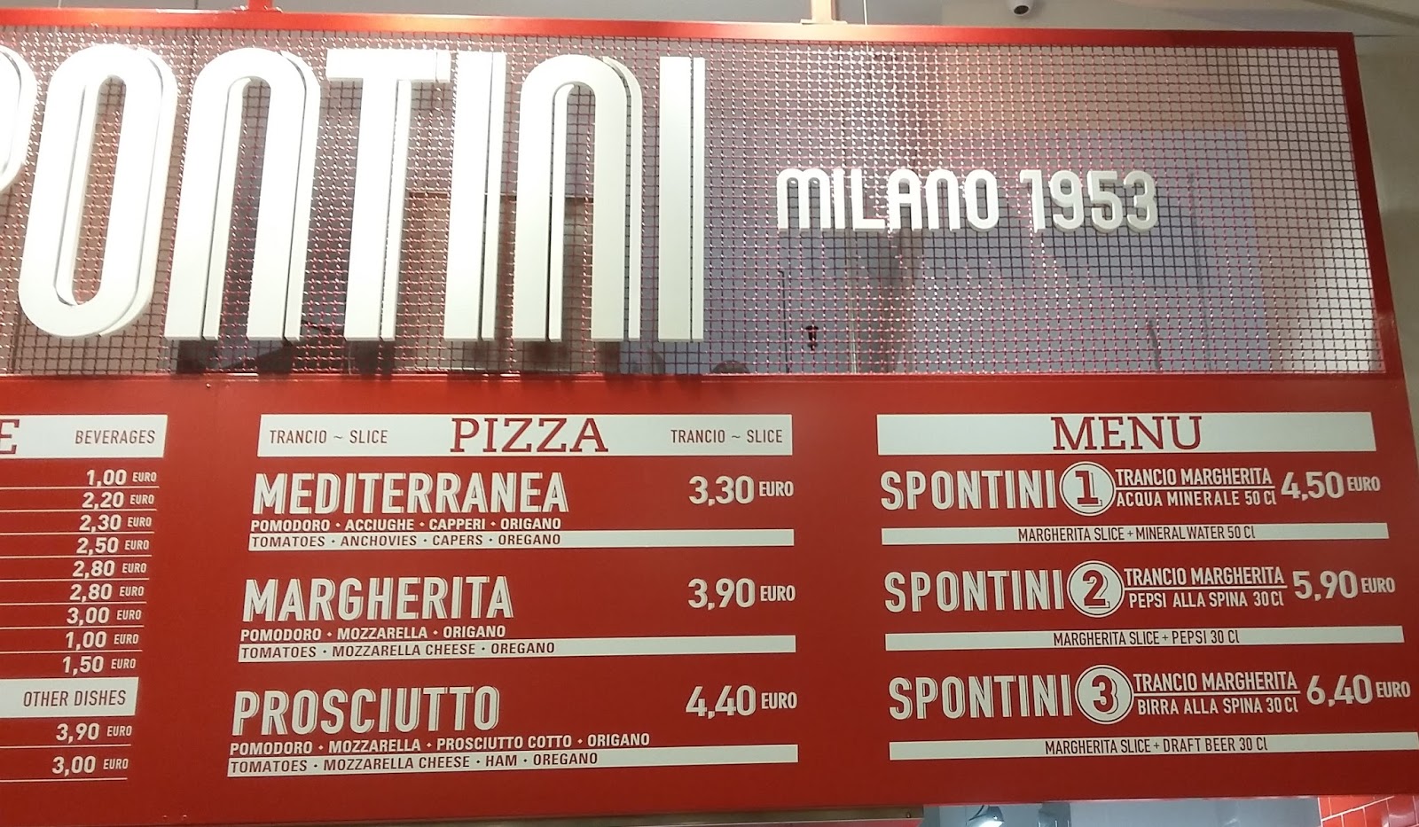 Menu e Prezzi: Pizzeria SPONTINI a Milano al centro Sarca e altre sedi