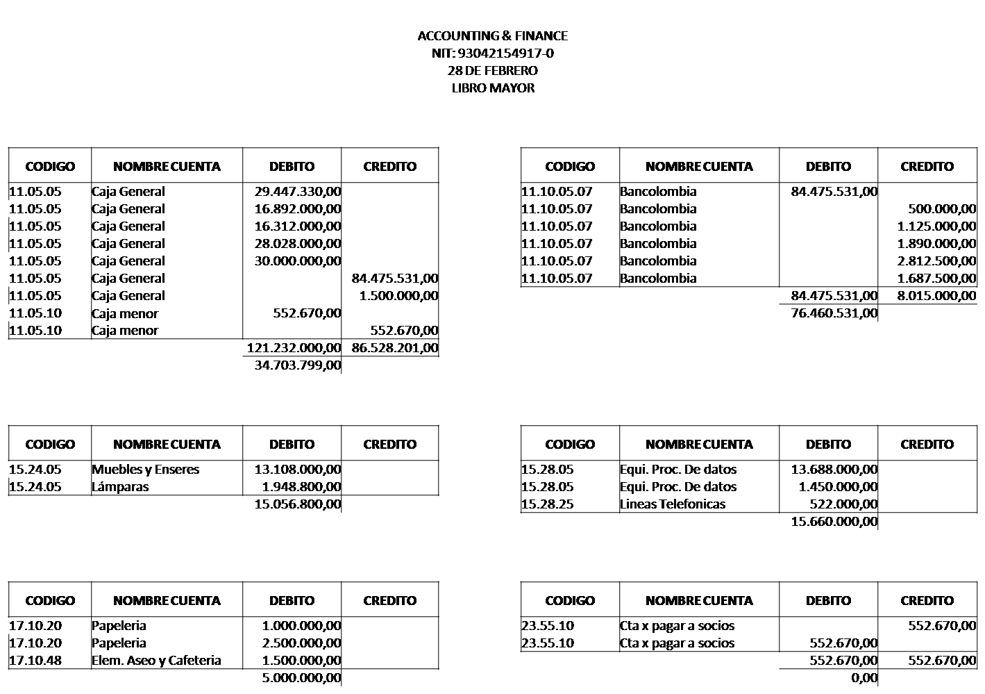 accounting & finance ltda.: libro mayor 28 de febrero