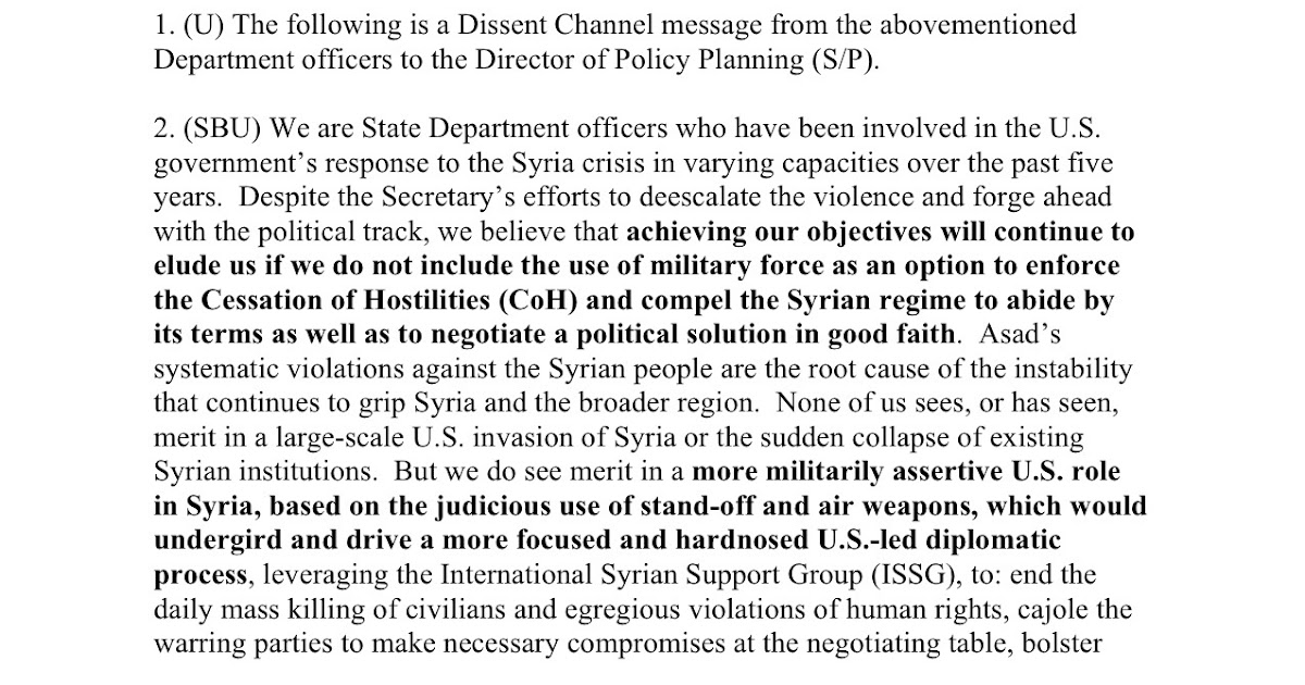 Colorado FSO: Dissent Channel State Department Memo on Syria