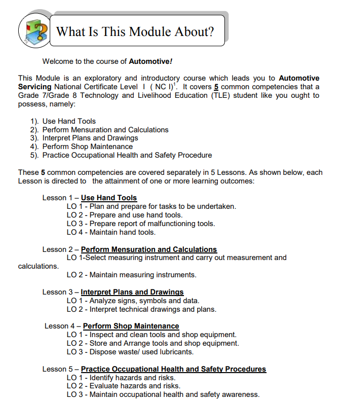 Download: K to 12 Automotive Servicing Learning Module