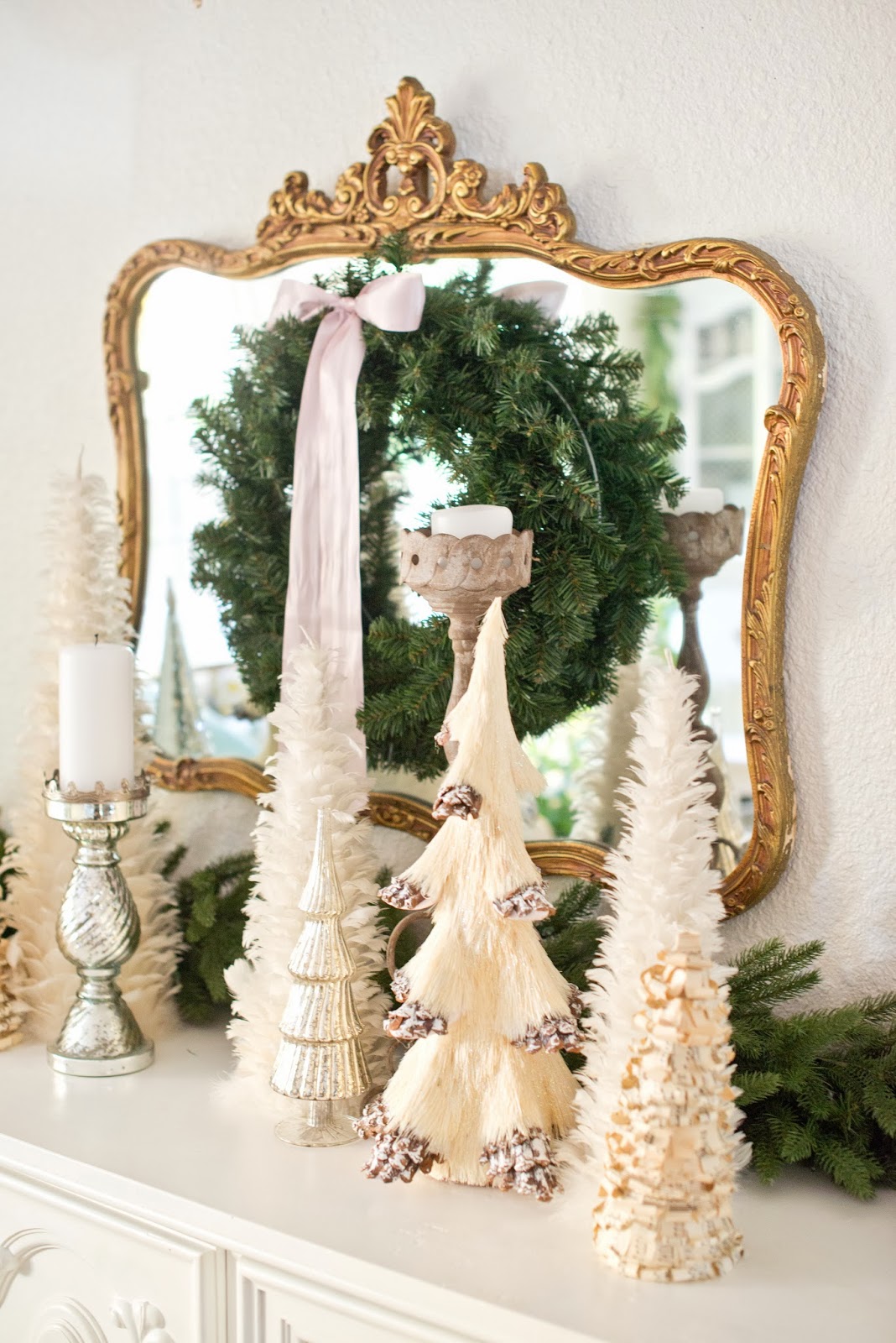 Domestic Fashionista: White Tree Christmas Mantel Display