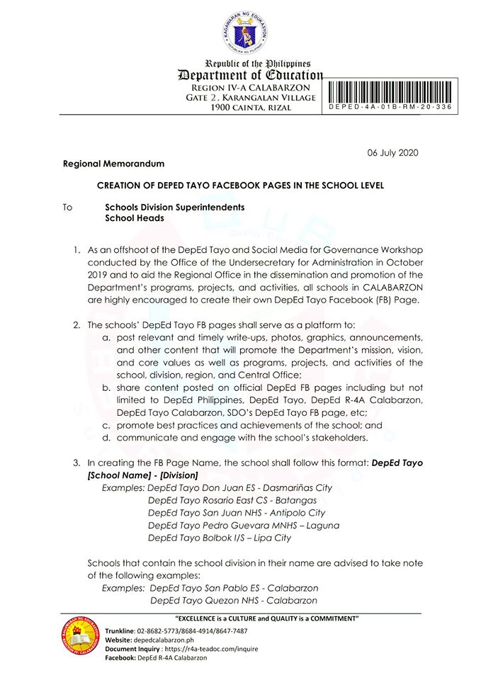 CREATION OF DEPED TAYO FACEBOOK PAGES IN THE SCHOOL LEVEL - Teachers Click