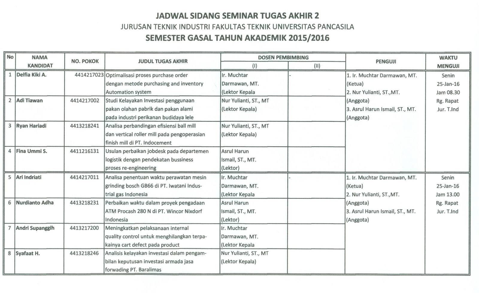 Jadwal Sidang Seminar Tugas Akhir 2 Terbaru | Teknik Industri