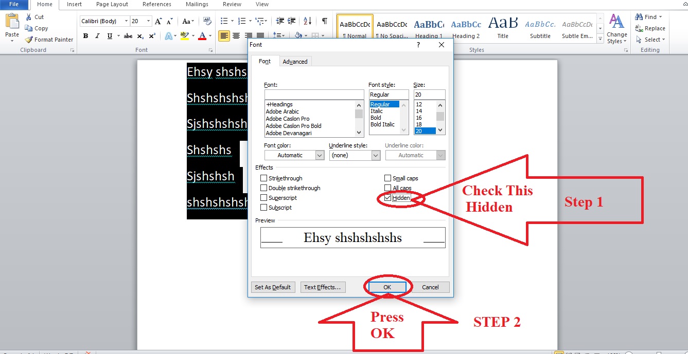 Using hidden text in word - loplayer