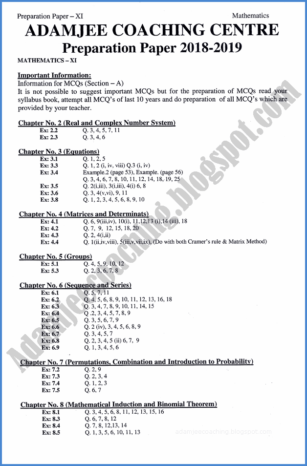Adamjee Coaching: Mathematics 11th - Adamjee Coaching Guess Paper 2019