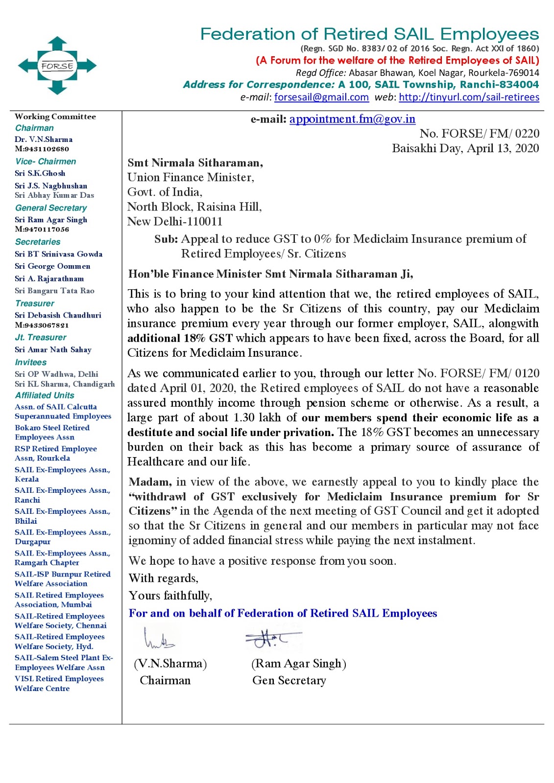 Federation Of Retired SAIL Employees Letter To Finance Minister Re GST federation-of-retired-sail-employees-letter-to-finance-minister-re-gst