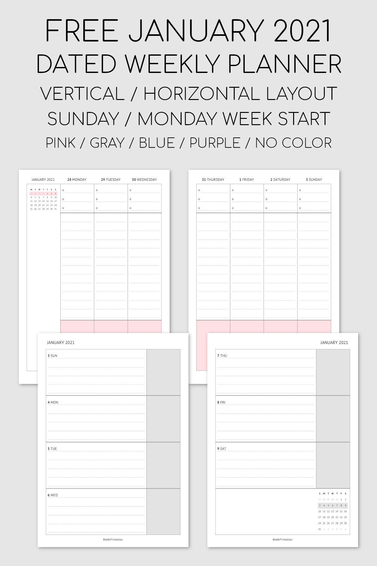 Printable January 2021 Weekly Planner - Week on Two Pages