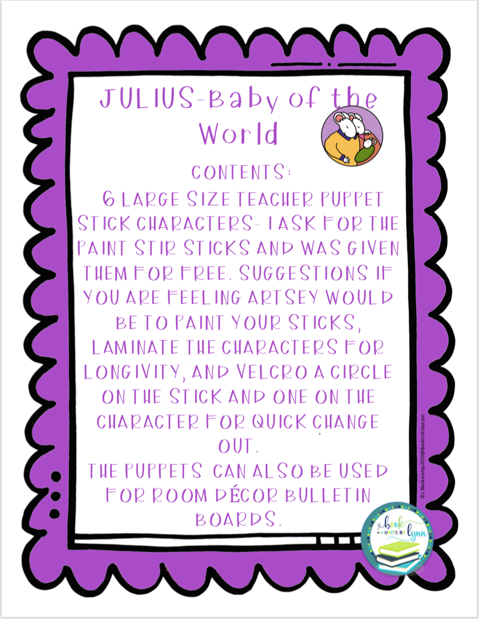 JULIUS-BABY OF THE WORLD PUPPET STICKS ~ Book Units by Lynn