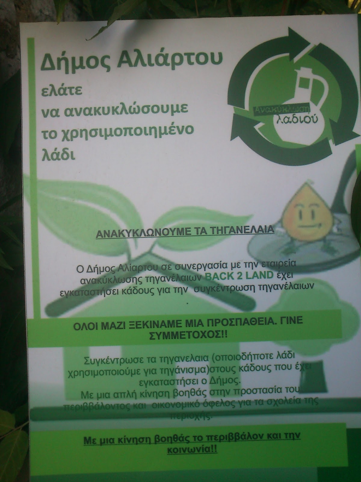 ΠΕΡΙΒΑΛΛΟΝΤΙΚΟΣ ΣΥΛΛΟΓΟΣ ΑΛΙΑΡΤΟΥ: ΚΑΔΟΙ ΑΝΑΚΥΚΛΩΣΗΣ ΤΗΓΑΝΕΛΑΙΩΝ