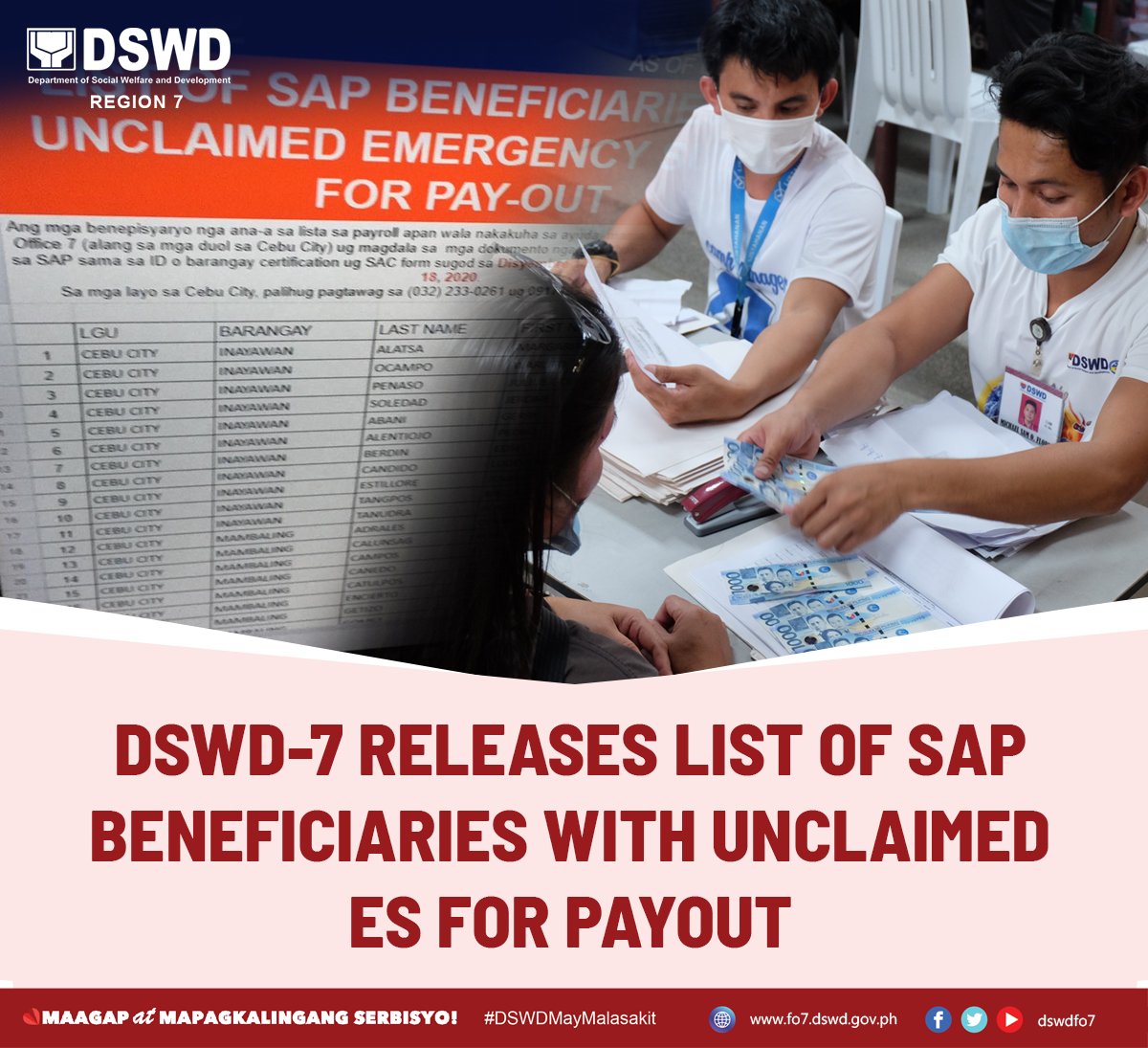 DSWD 7 Releases list of SAP beneficiaries with unclaimed ES for payout