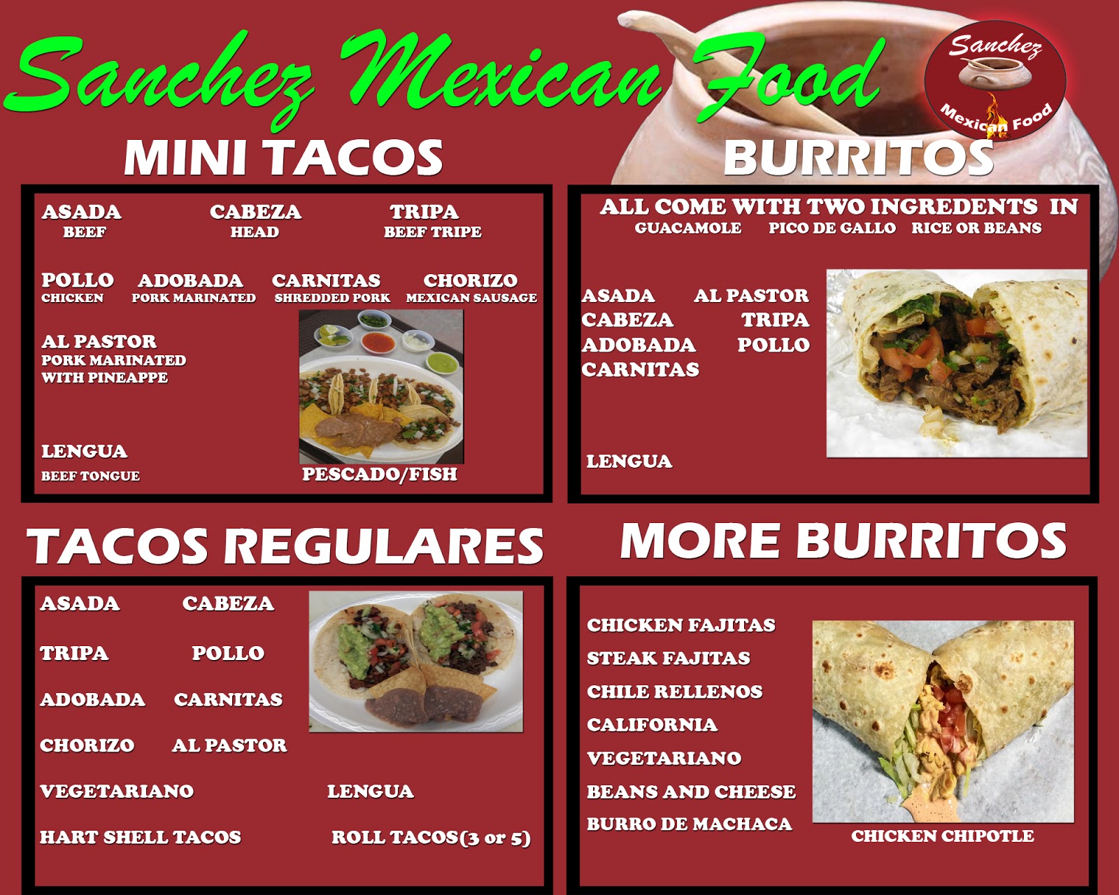 Menu ~ Sanchez Mexican Food
