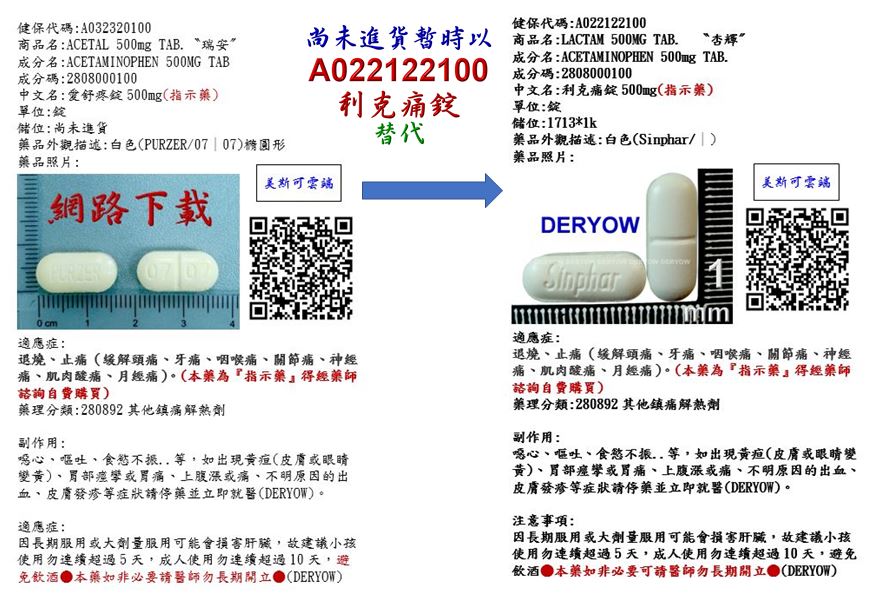 德佑藥局藥袋資訊暨藥品外觀分享: A032320100 ACETAL 500mg TAB.〝瑞安〞ACETAMINOPHEN 愛舒疼錠 (指示 ...