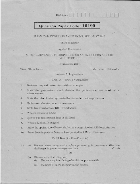 Anna University AP 5301- Advanced Microprocessor And Microcontroller Architecture APRIL MAY 2019 ...