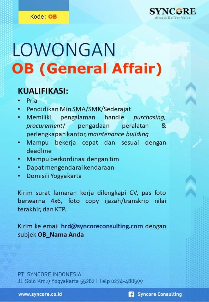 Lowongan Kerja OB (General Affair) di PT. Syncore Indonesia Yogyakarta ...