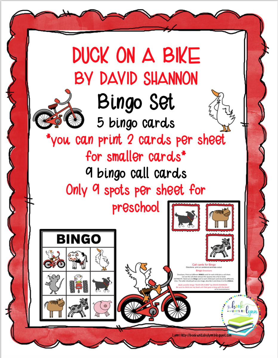 DUCK ON A BIKE BINGO SET ~ Book Units by Lynn