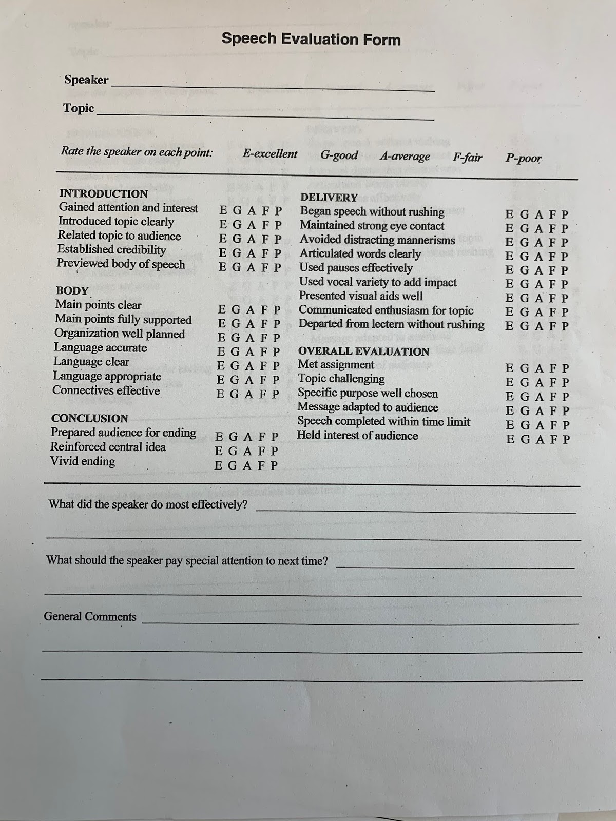 Great Speakers Inspire: Speech Evaluation Form 2020