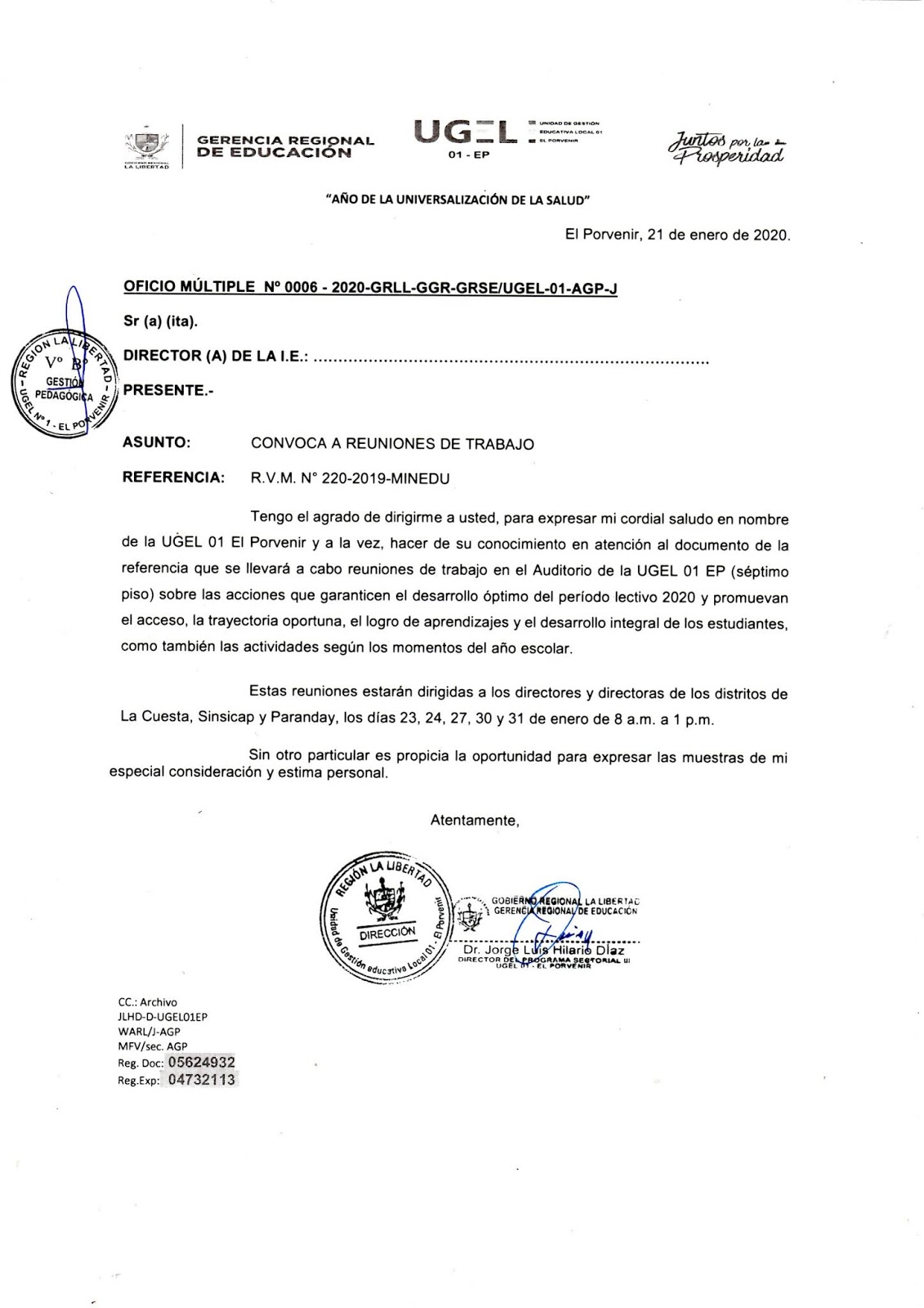 Convoca a Reuniones de Trabajo. - UGEL 01 EP