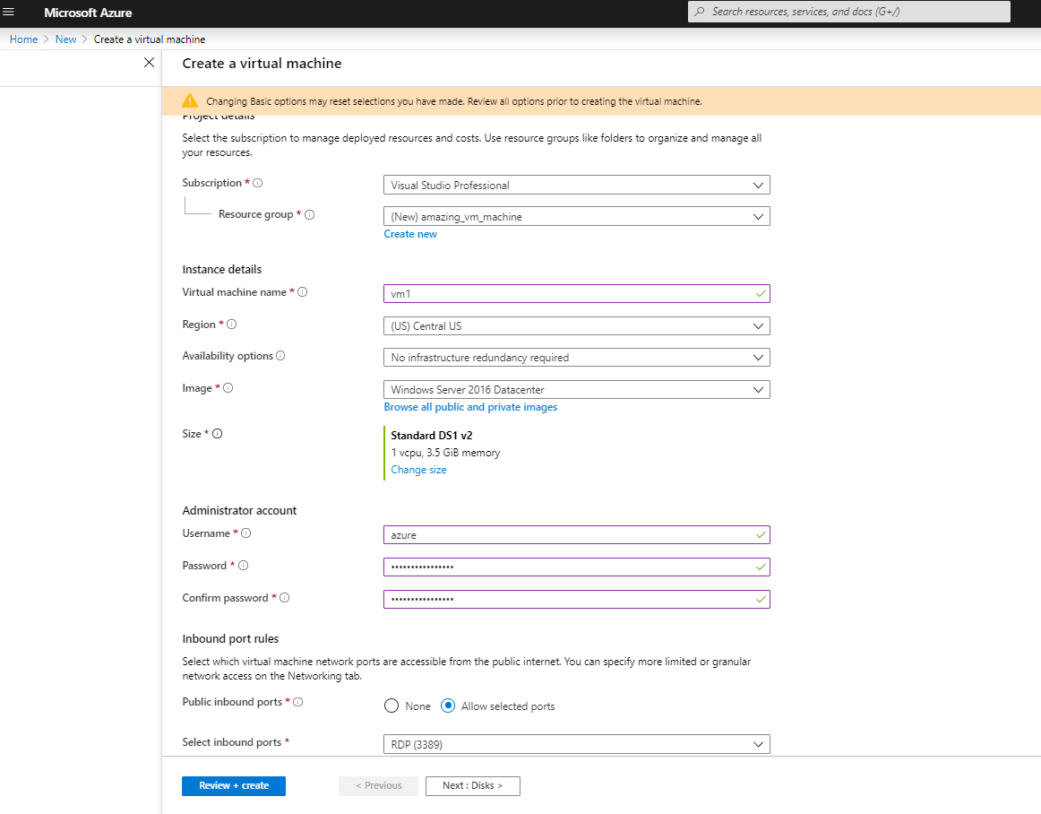 Creating Virtual Machine (VM) on azure