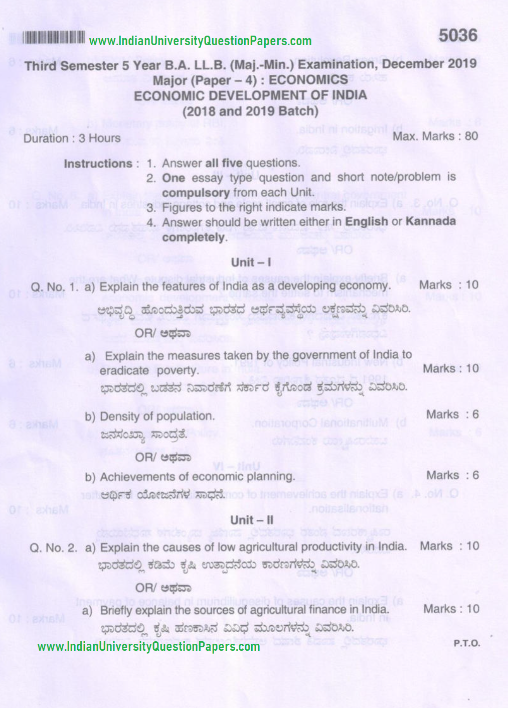 KSLU B.A LLB Economics Economic Development of India December 2019 ...