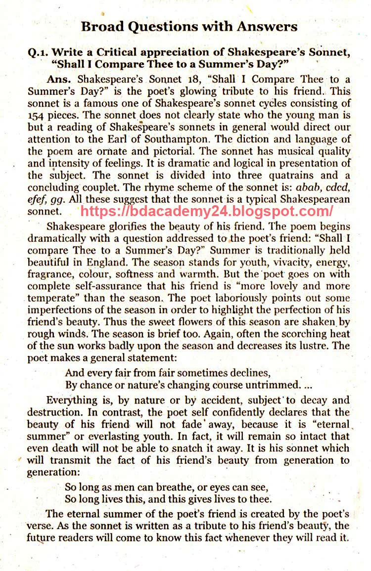 Broad Questions With Answers (Shall I compare thee to a summer’s day ...