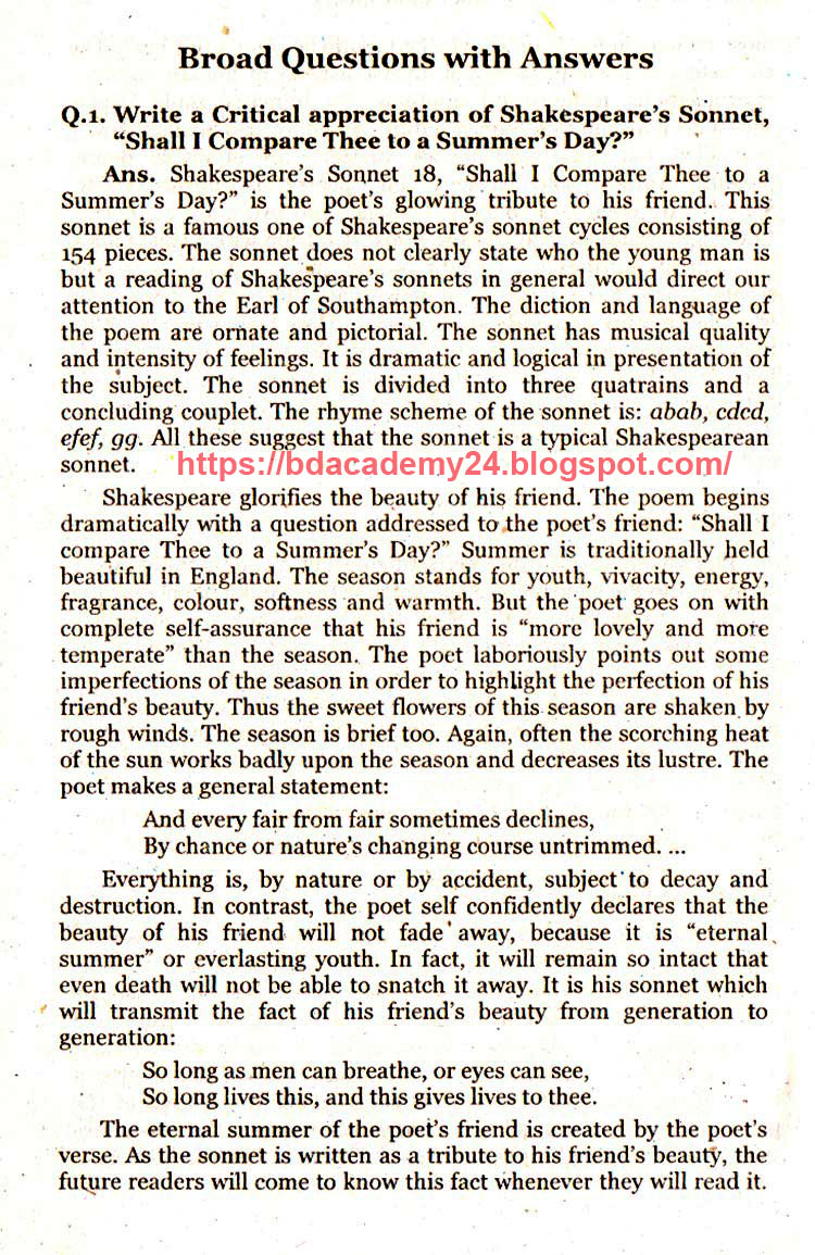 Broad Questions With Answers (Shall I compare thee to a summer’s day ...