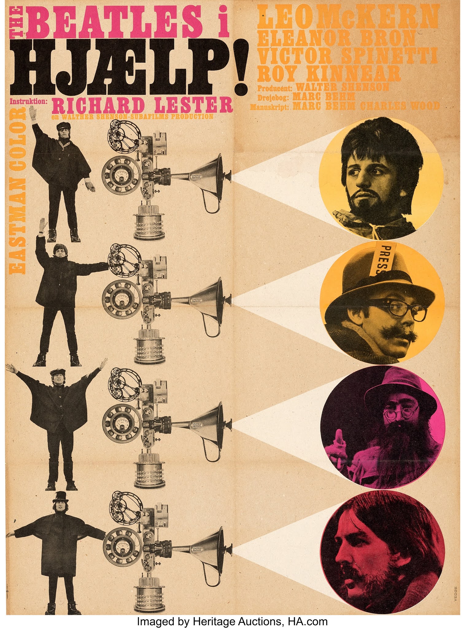 Vintage Beatles "Help!" movie poster, Denmark