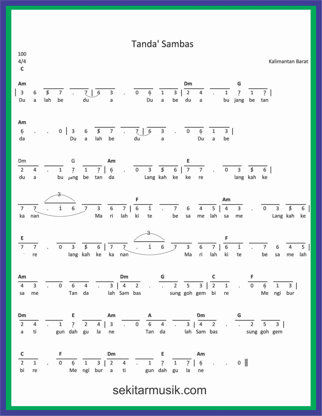 Not Angka Lagu Tanda’ Sambas - SEKITAR MUSIK