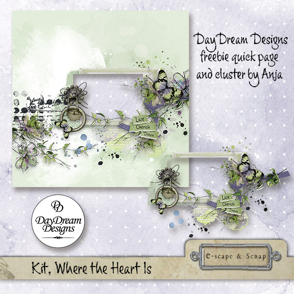 E-scape and Scrap: Where The Heart Is Kit, freebie quick page and clusters