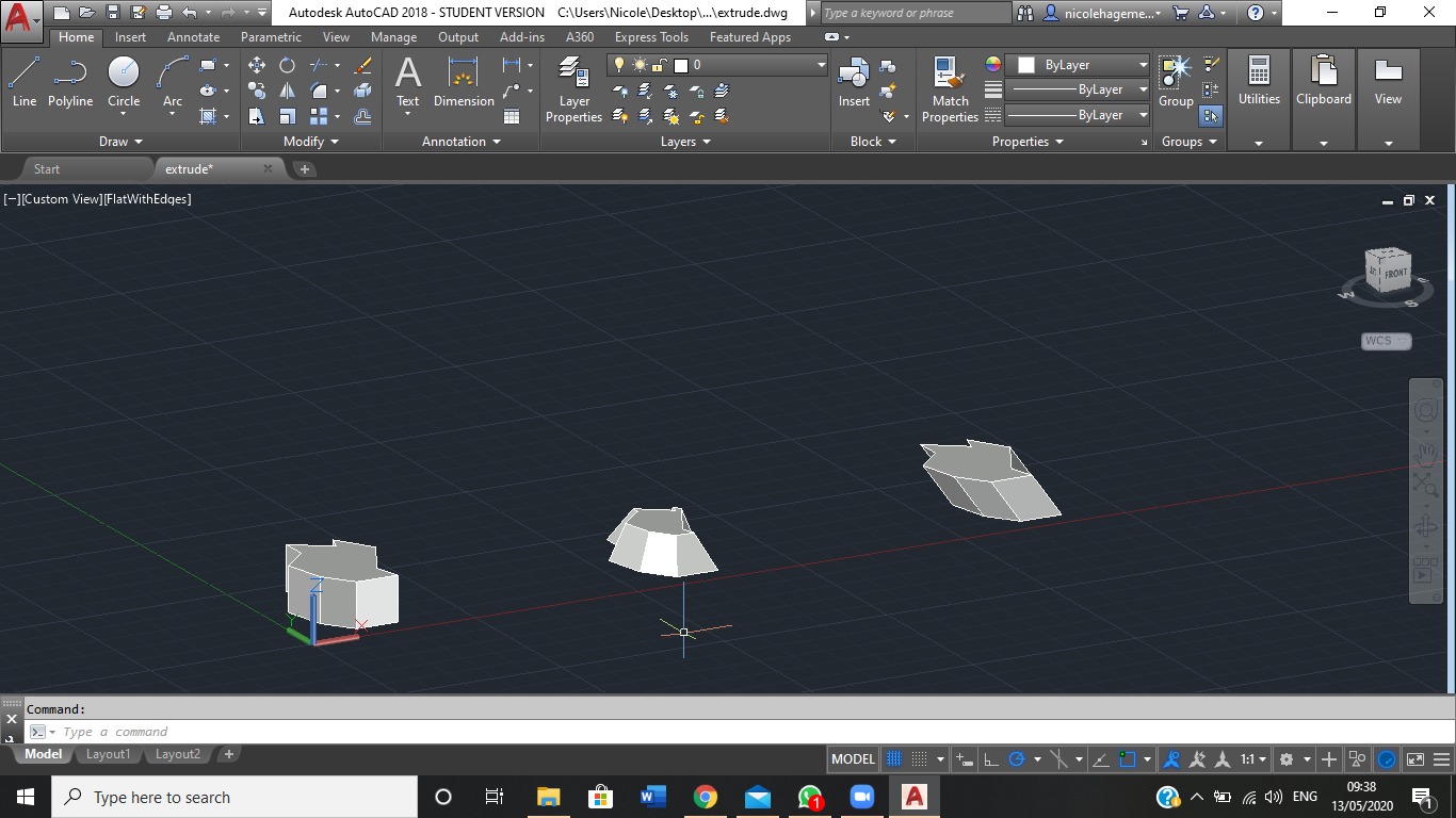 Comandos EXTRUDE, REGIONS, EDGESURF, LOFT, THICKEN em AutoCAD 3D
