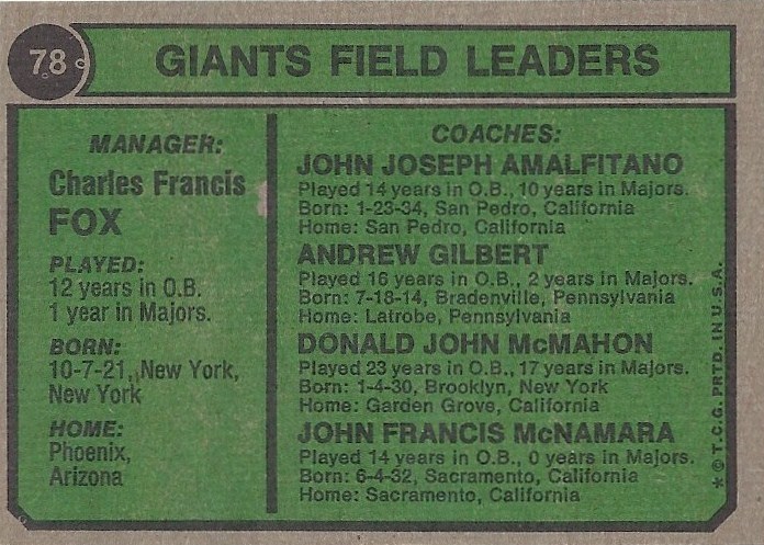 1974 Topps - Pennant Fever: #78 - Charlie Fox/Giant Manager and Coaches