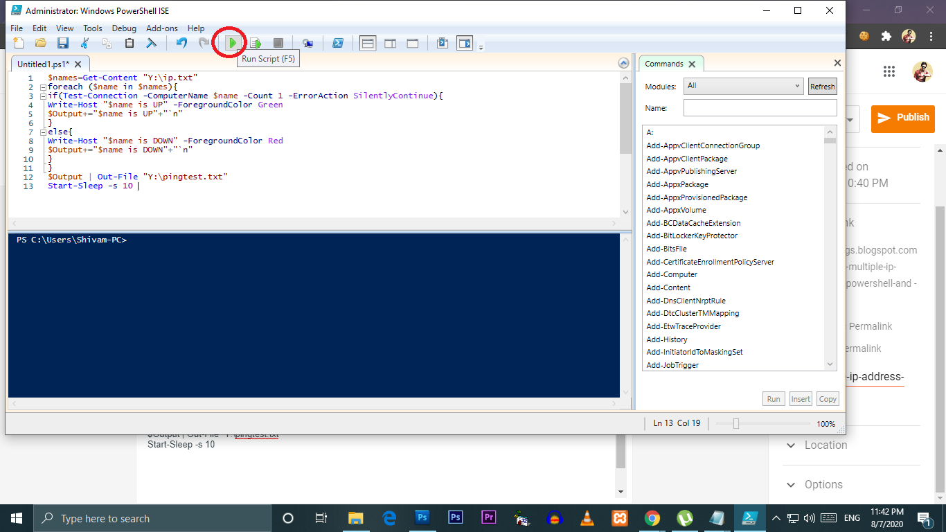 Script to ping multiple IP addresses and Host names using powershell